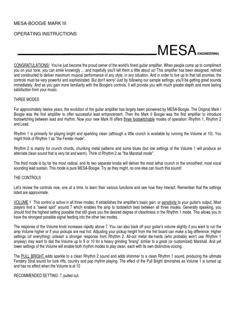 Mesa-Boogie Mark III Operating Instructions | PDF | Vacuum Tube ...