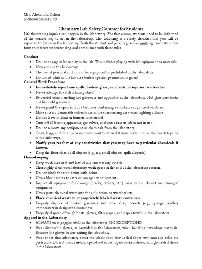 Chemistry Lab Safety Contract | PDF | Laboratories | Chemistry