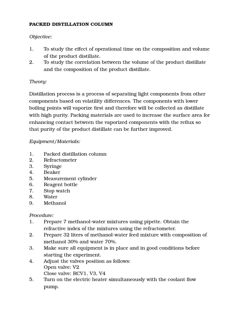 Experiment: Packed Distillation Column | PDF | Distillation | Unit ...