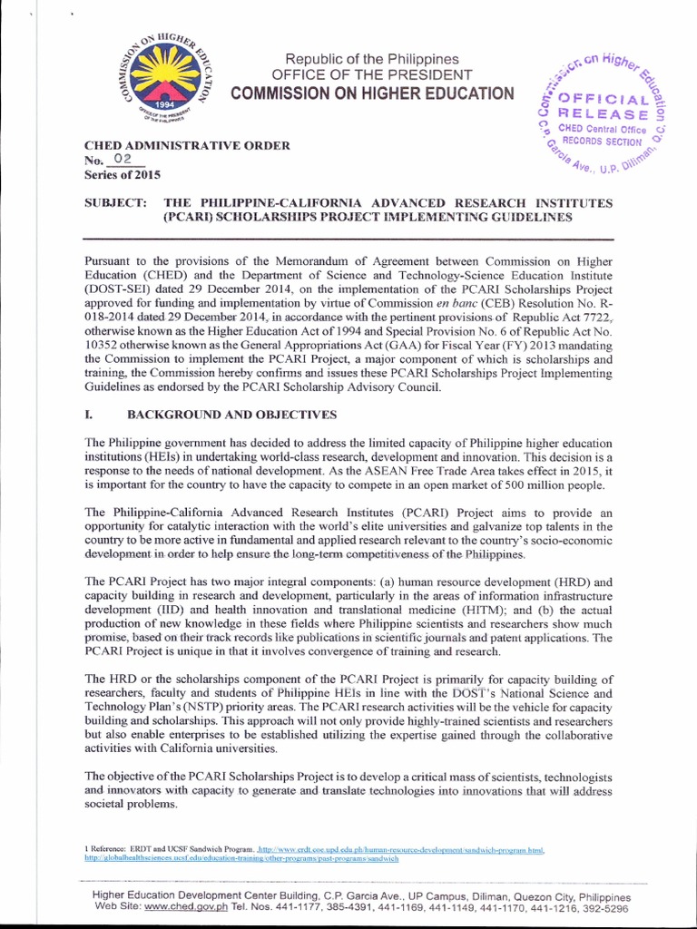 CHED AO - PCARI Scholarships Guidelines FINAL PDF | PDF | Doctor Of ...