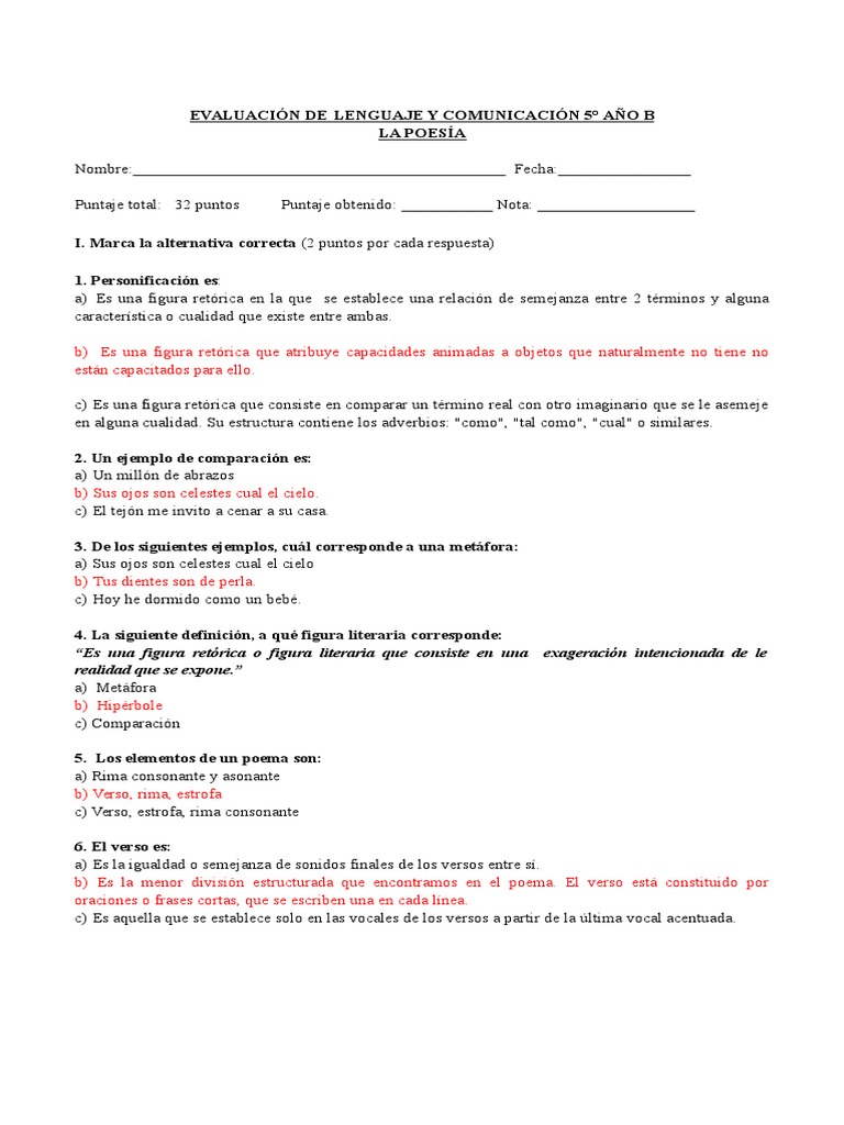 Eval. Leng. Unidad Poema | PDF | Rima | Metáfora