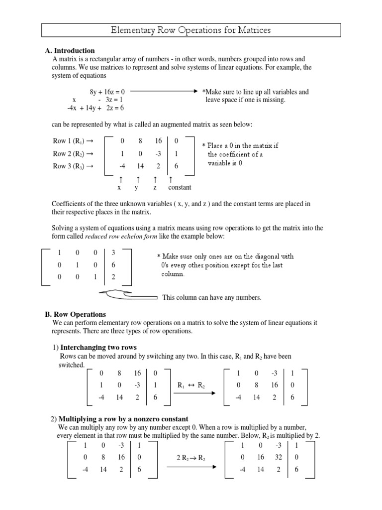 Elementary Row Operations For Matrices Updated 2013 Pdf Matrix Mathematics Functions And