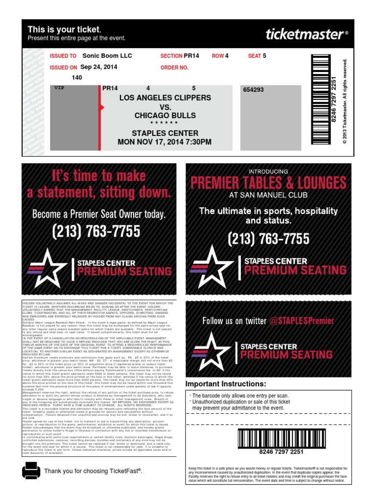 Staples Center NBA Ticket Sample | PDF | Ticket (Admission) | Social ...