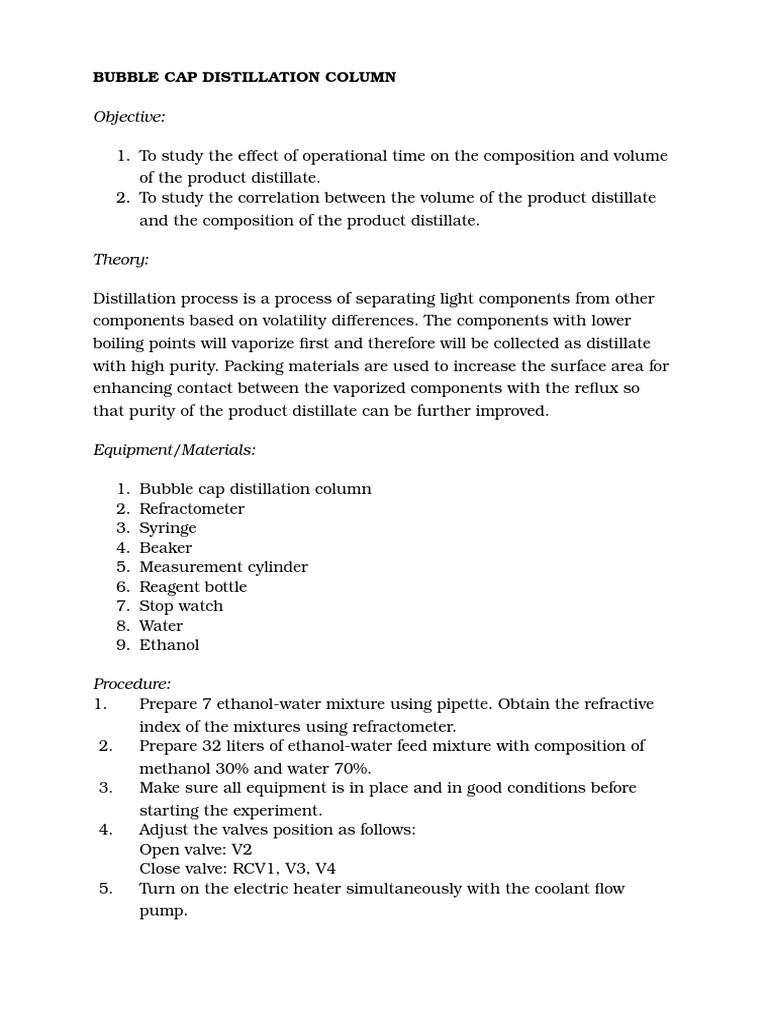 Bubble Cap Distillation Experiment Guide | PDF | Distillation ...