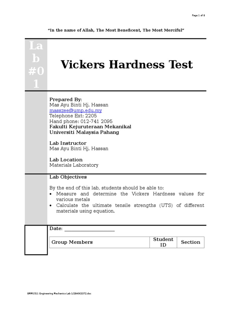 Vickers Hardness Test Lab Guide | PDF