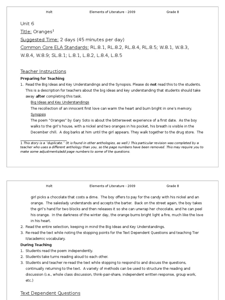 Oranges. Lesson - Anthology | PDF | Poetry | Narrative