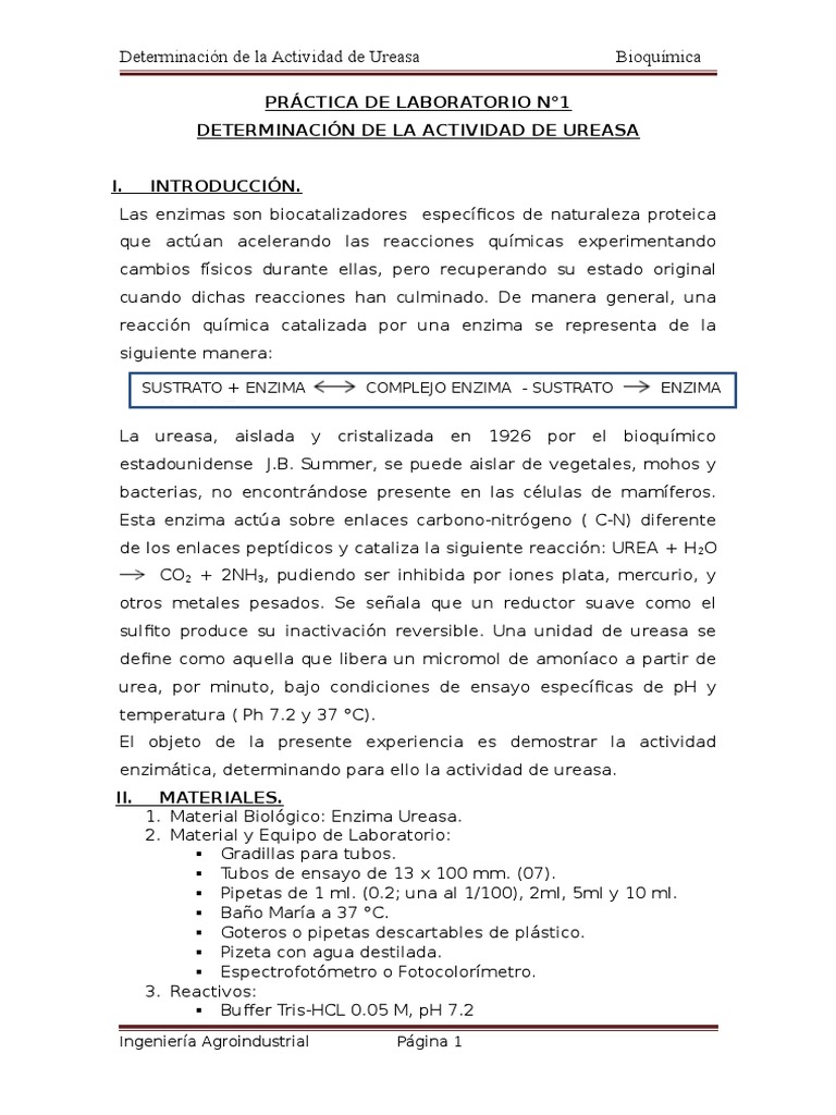 Prac. 1 Determinacion de La Actividad de Ureasa | PDF | Enzima ...