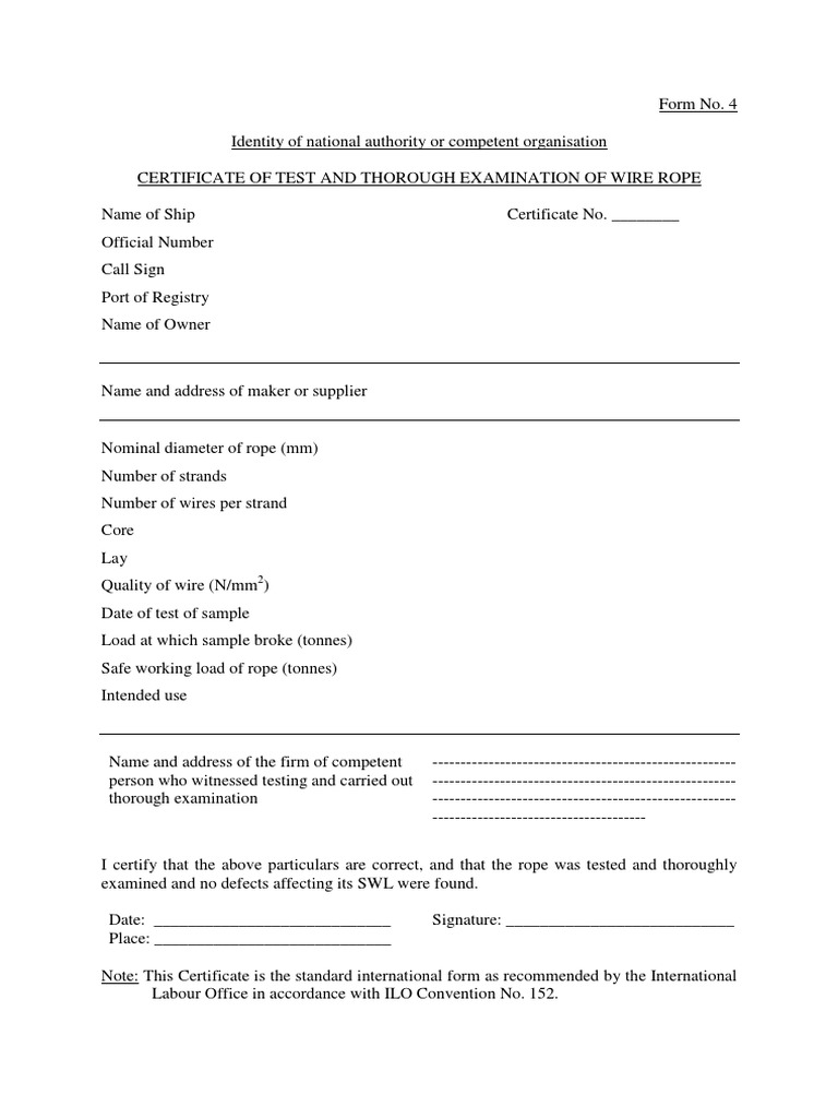 Wire Rope Test Certificate Form 4 | PDF