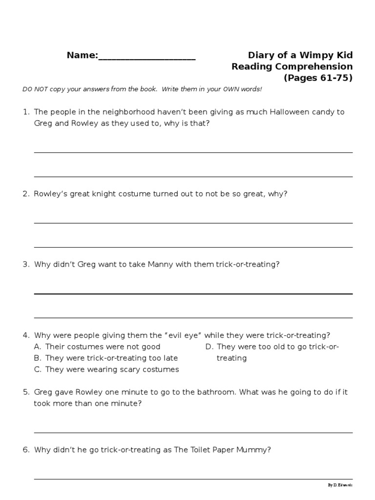 Diary of A Wimpy Kid (Book 1) ReadComp p.61-75 | PDF