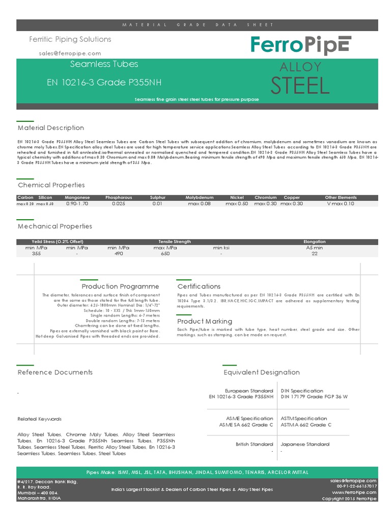En 10216 3 Grade p355nh Tubes PDF | PDF | Pipe (Fluid Conveyance) | Steel
