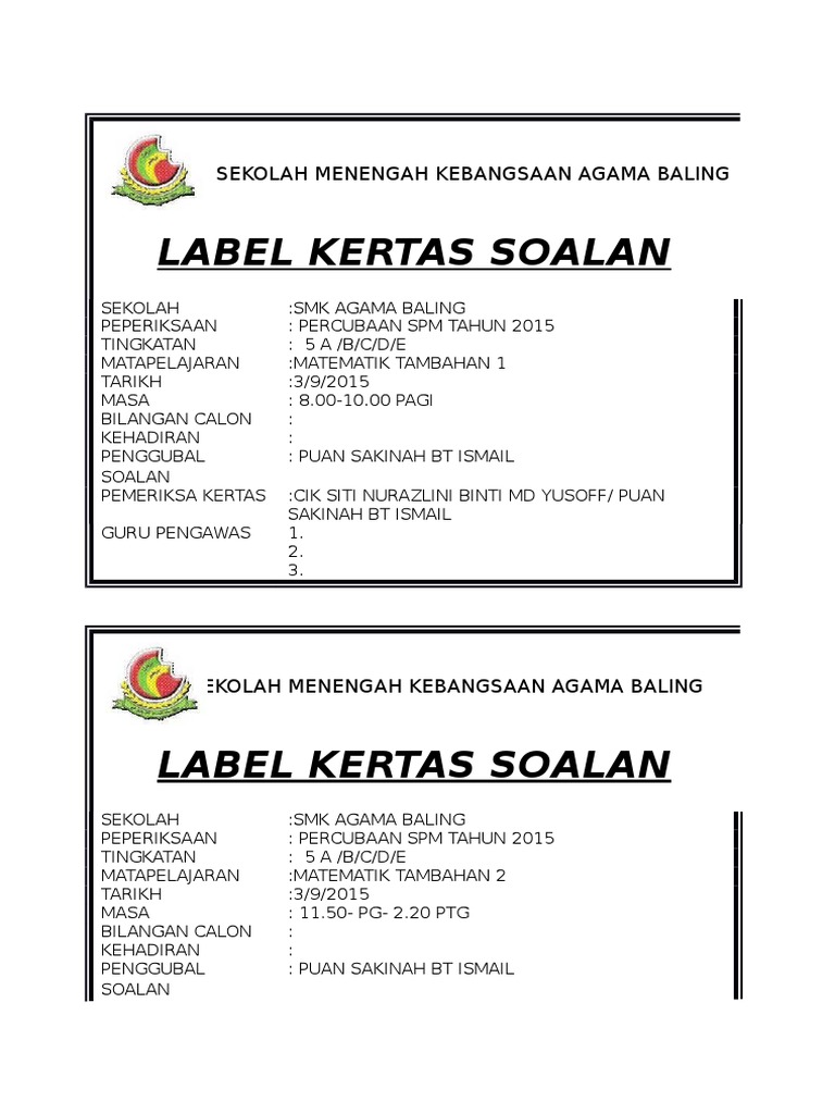 Label Kertas Soalan Exam | PDF