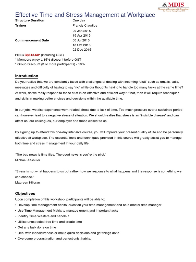 Effective Time and Stress Management at Workplace | PDF | Time ...