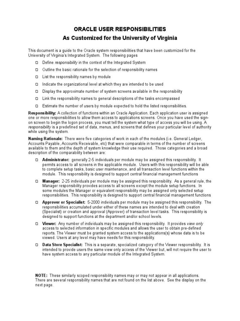 Oracle User Responsibilities As Customized For The University of ...