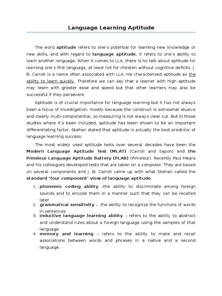 Language Learning Aptitude | PDF | Intelligence | Language Acquisition