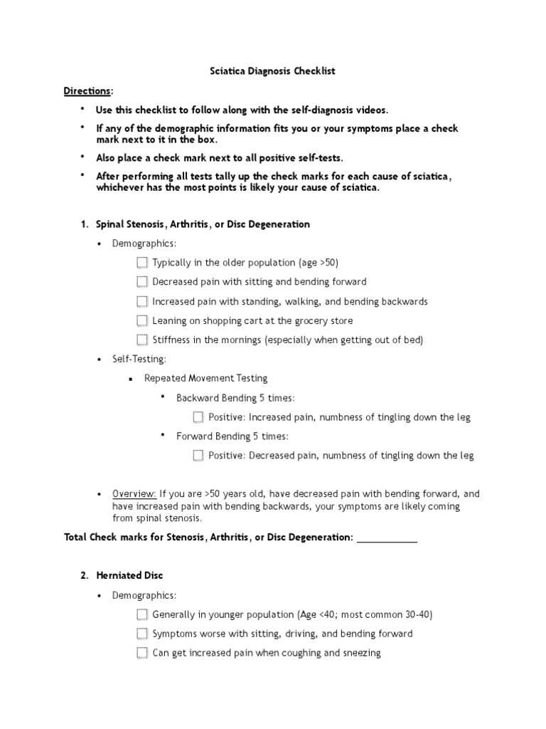 Sciatica Diagnosis Checklist | PDF | Symptoms And Signs | Diseases And ...
