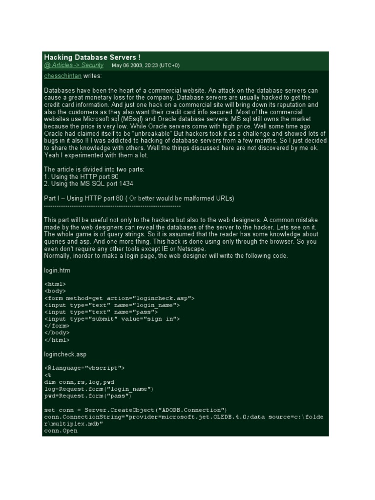 Hacking Database Servers Pdf Microsoft Sql Server Web Design