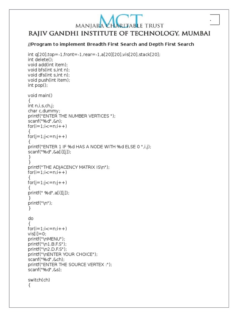 Program To Implement Breadth First Search and Depth First Search | PDF ...