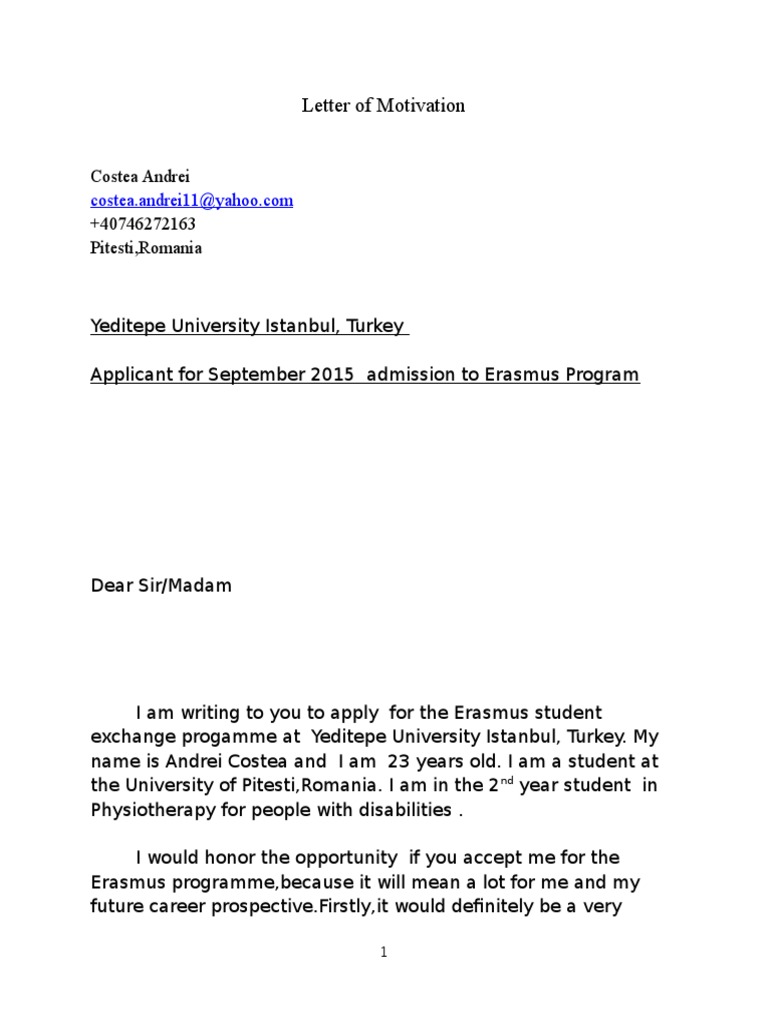Erasmus Motivation Letter Example | PDF | Turkey | Motivation