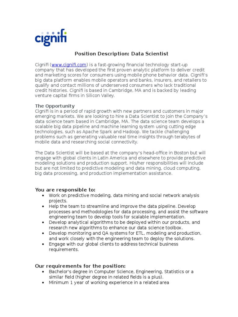 Data Scientist Job Description | PDF | Big Data | Data Science