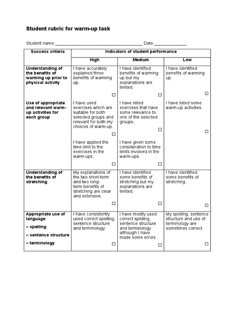 Student Rubric For Warm-Up Task | PDF