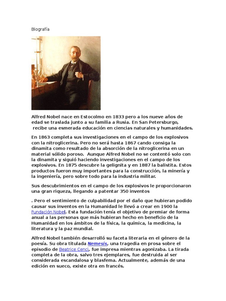 Biografía de Alfred Nobel y su legado | PDF | Clásicos