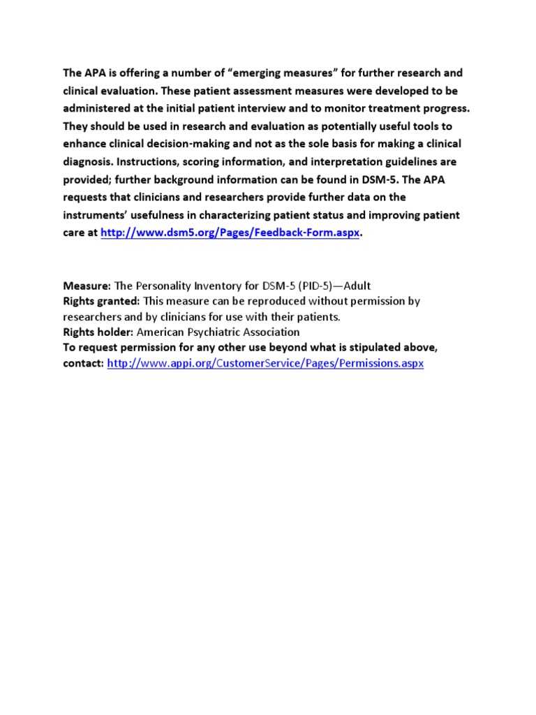 APA DSM5 The Personality Inventory For DSM 5 Full Version Adult | PDF ...