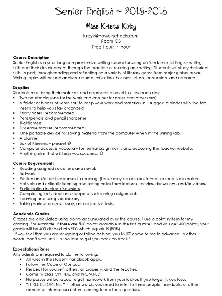 Senior English Syllabus | PDF | Reading (Process) | Homework