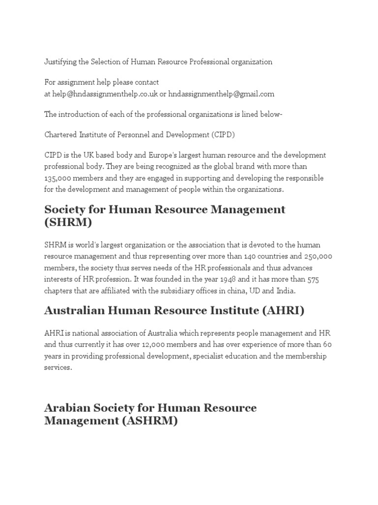 Justifying The Selection of Human Resource Professional Organization ...