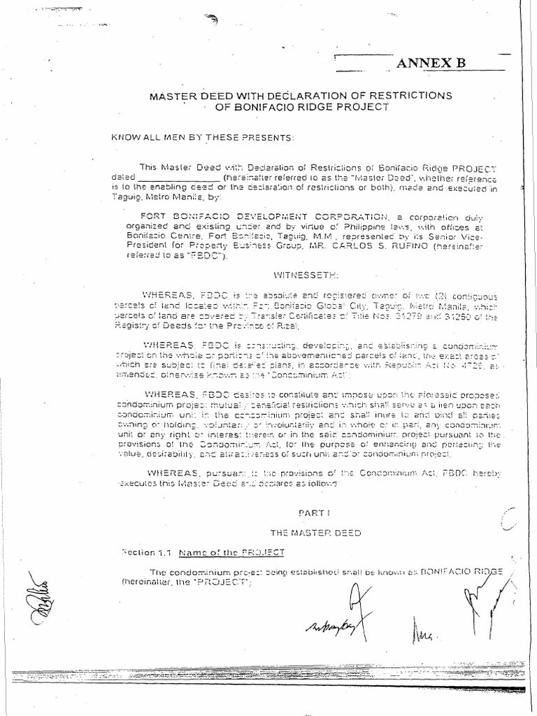 Bonifacio Ridge Master Deed With Amendments | PDF | Lease | Condominium