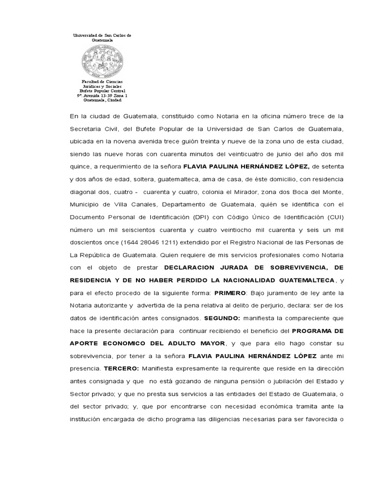 Declaración Mujer Con Testigo A Ruego | PDF | Guatemala | Gobierno