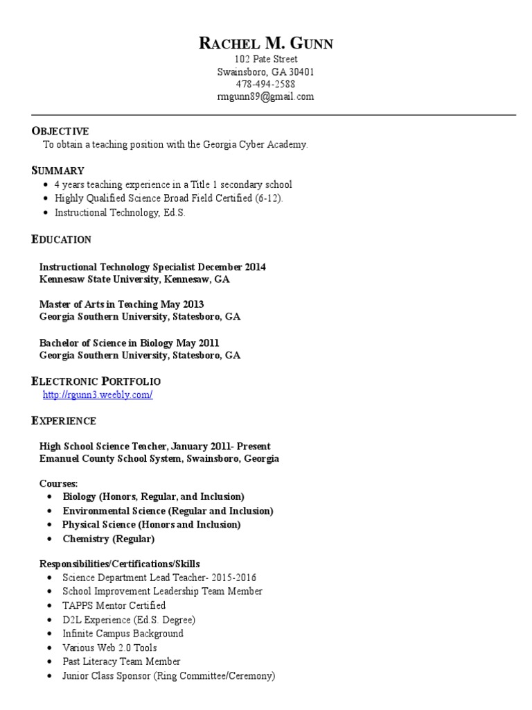 Rachel Resume Current 2015 | PDF | Teachers | Learning