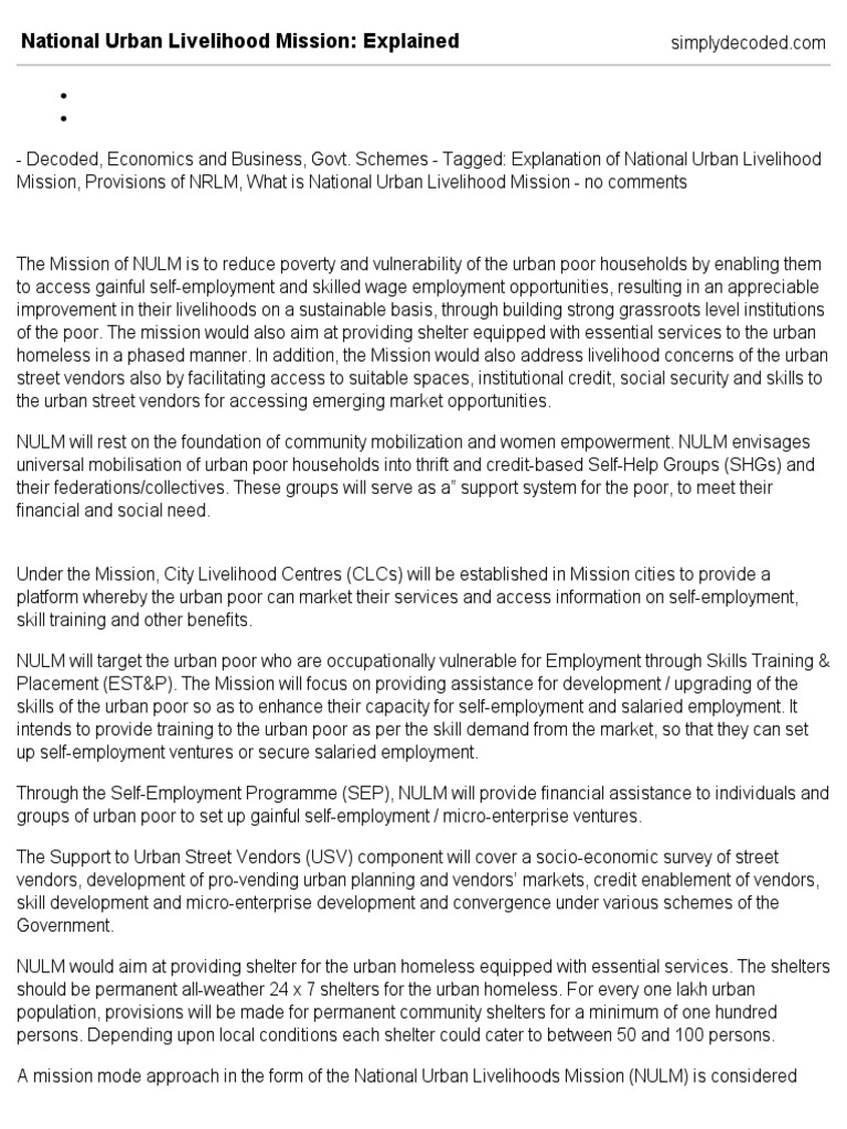 What Is National Urban Livelihood Mission, Explanation of National ...