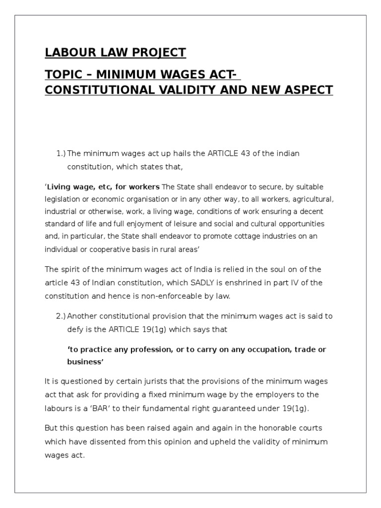 Minimum Wages Act Labour-Law-Project | PDF | Minimum Wage | Social ...