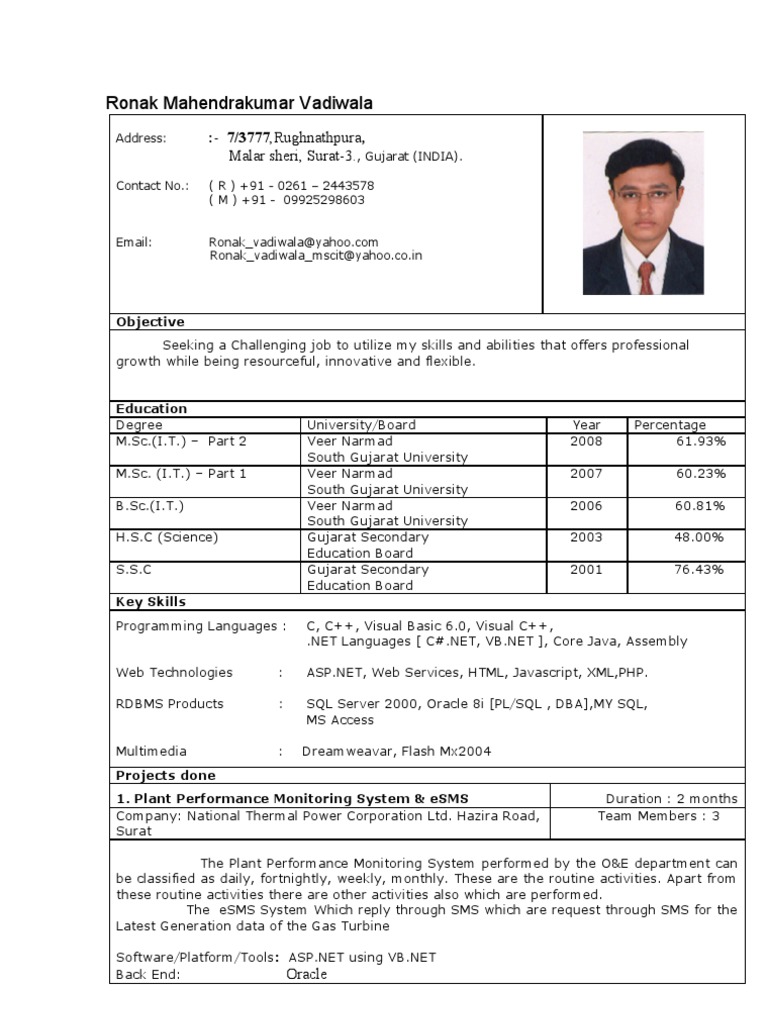 Ronak Vadiwala IT Resume & Projects | PDF | Microsoft Access | Digital Technology