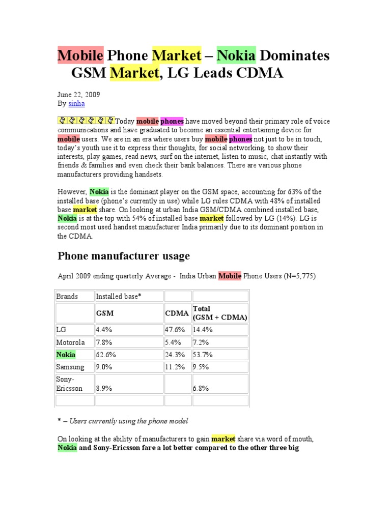 Mobile Phone Market - Nokia Dominates GSM Market, LG Leads CDMA | PDF ...