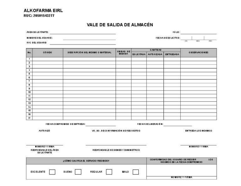 Formato De Vale De Salida De Almacén Xls