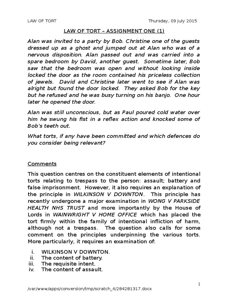 Law of Tort Assignment 1 | PDF | Criminal Law | Ethical Principles