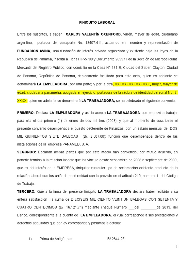 Formato de Mutuo Acuerdo DGN 2012.docx | Panamá | Derecho laboral