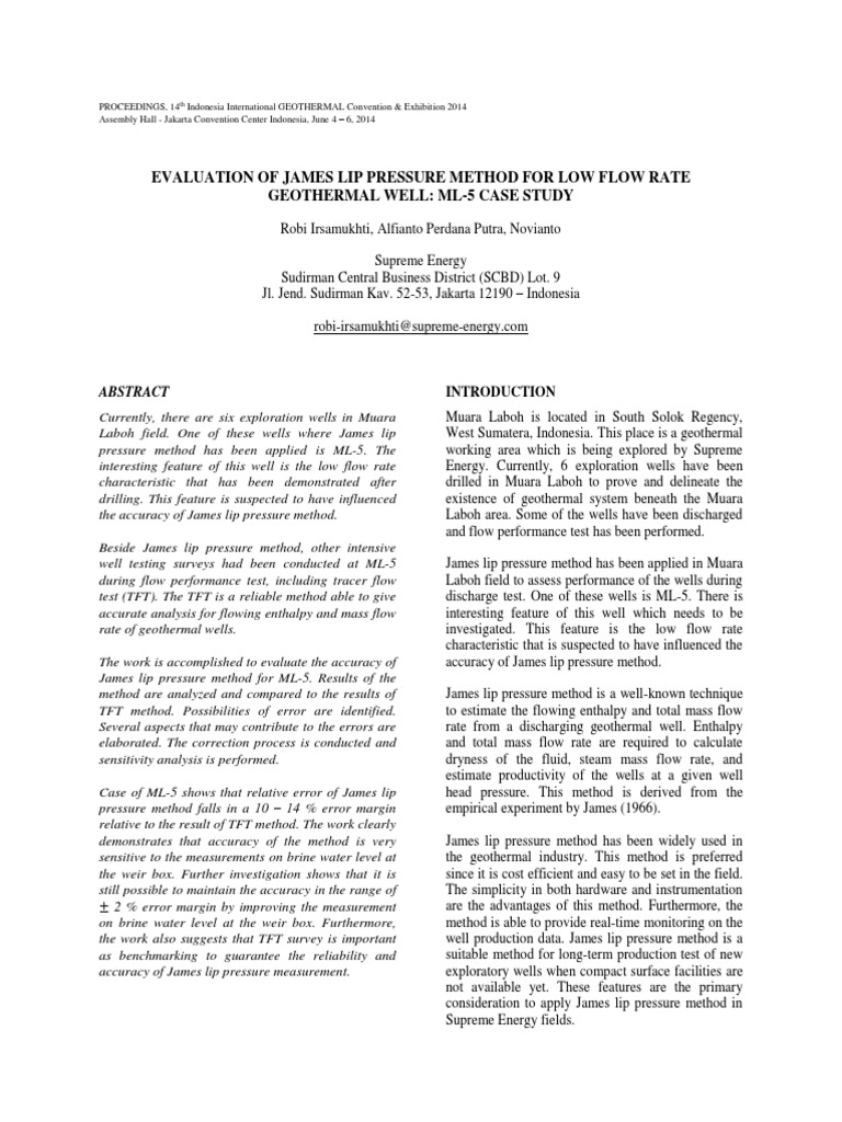 Evaluation of James Lip Pressure Method For Low Flow Rate Geothermal ...