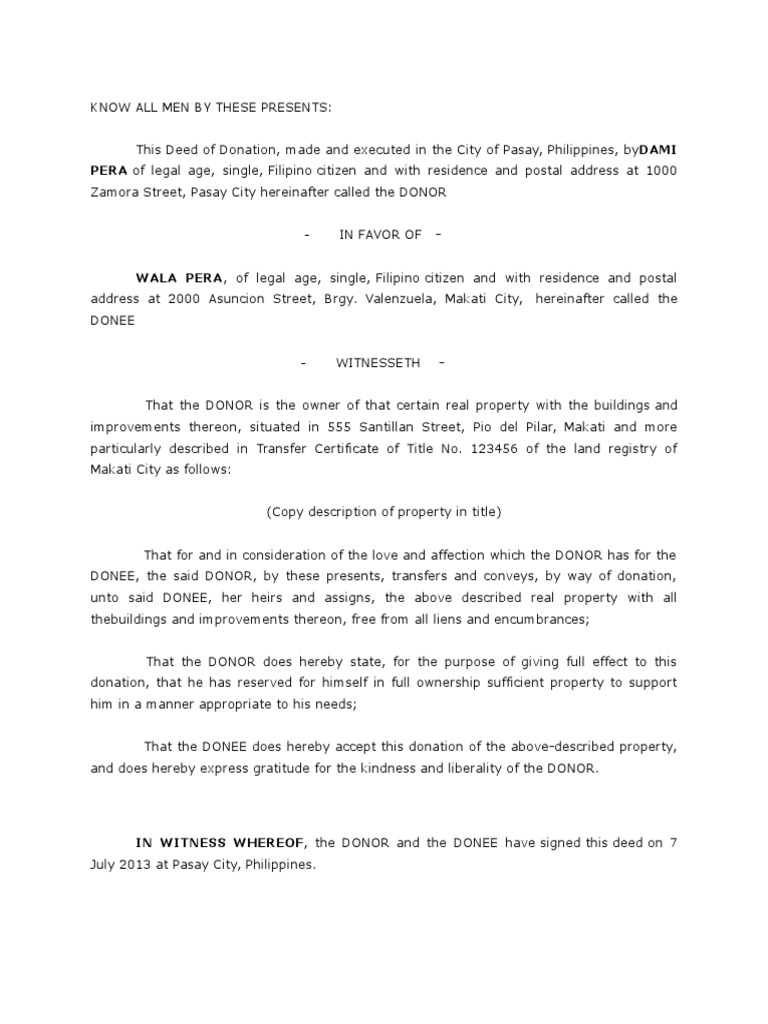 Sample Deed of Donation | Deed | Property