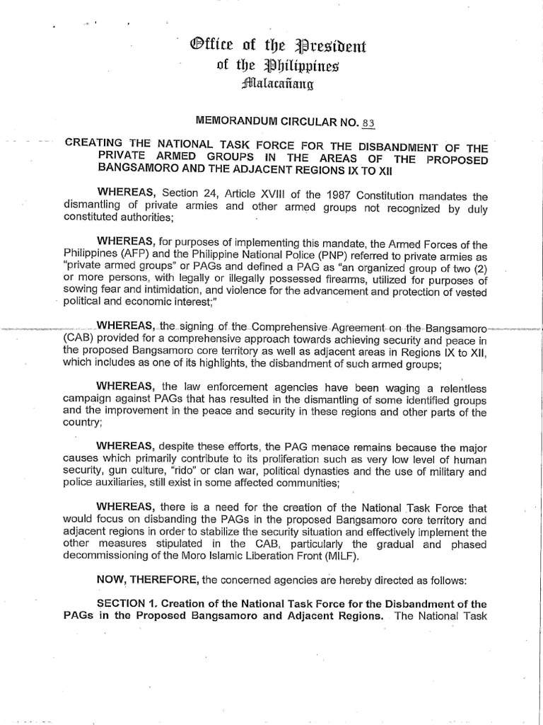 Memorandum Circular No. 83 CREATING THE NATIONAL TASK FORCE FOR THE ...