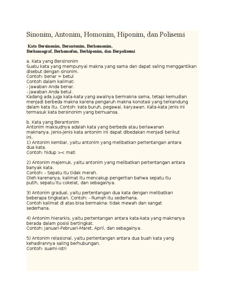 Sinonim, Antonim, Homonim, Hiponim, Dan Polisemi | PDF | Seni ...