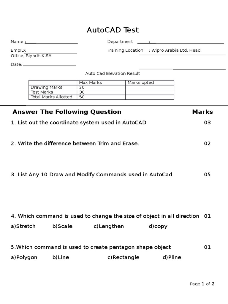 Autocad Test: Answer The Following Question Marks | PDF