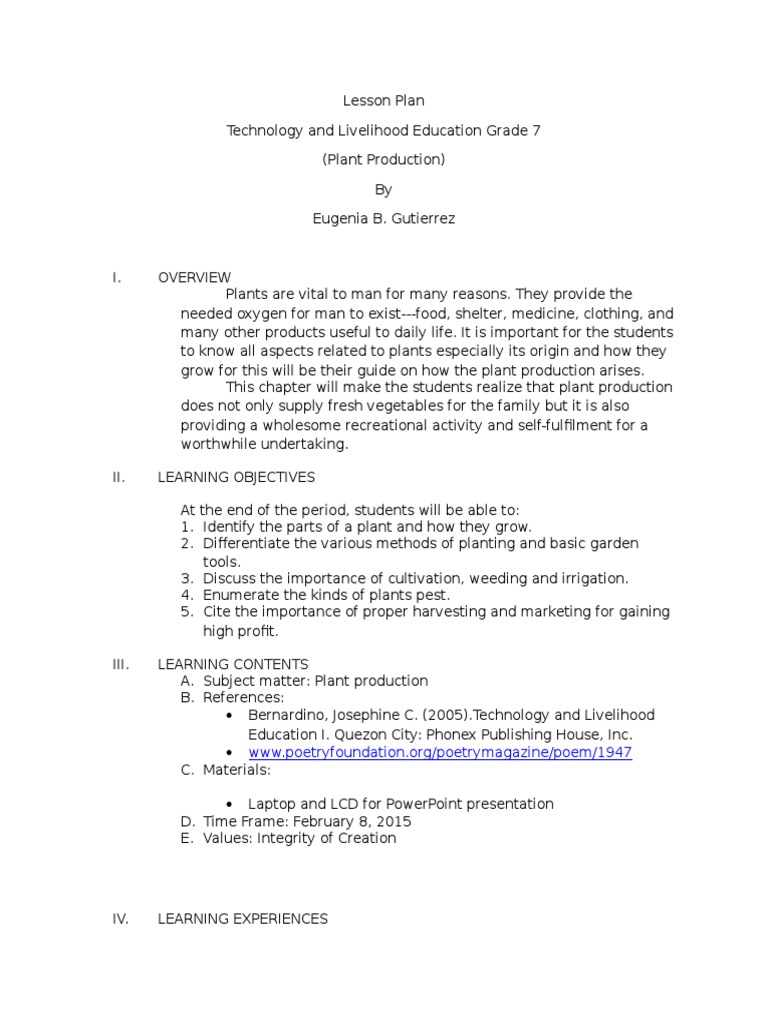 Lesson Plan Tle | PDF | Lesson Plan | Vegetables