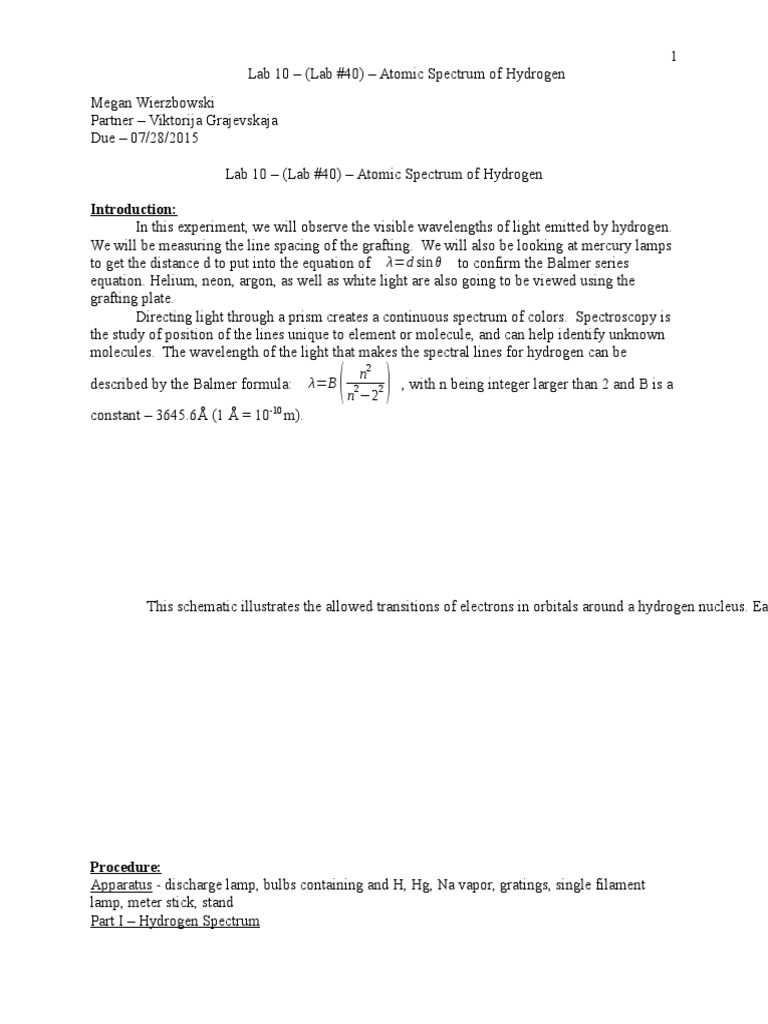 Lab 10 - Lab #40 Atomic Spectrum of Hydrogen Report | Download Free PDF ...