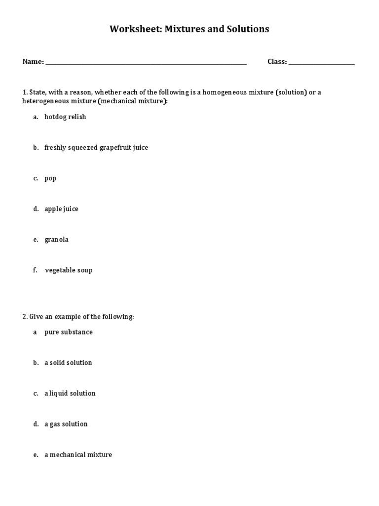 Mixtures and Solutions Worksheets | PDF | Solution | Mixture