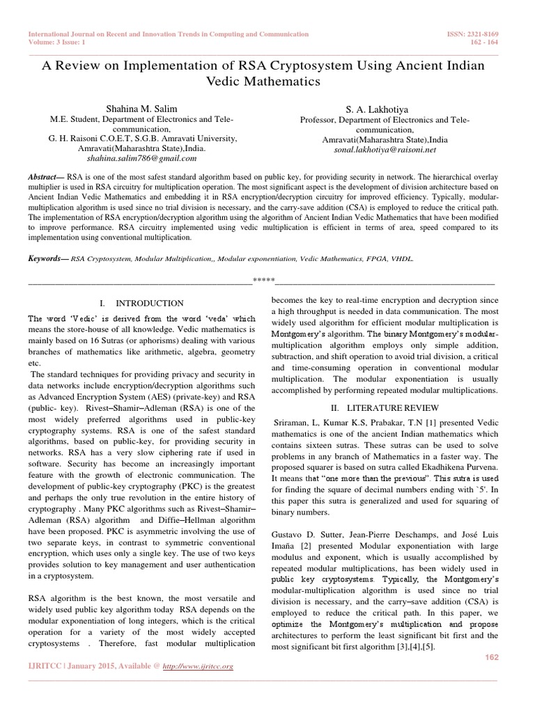 A Review On Implementation of RSA Cryptosystem Using Ancient Indian Vedic Mathematics | PDF ...