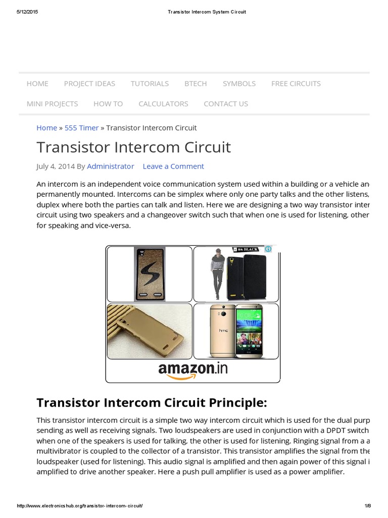 Transistor Intercom System Circuit | PDF | Amplifier | Transistor