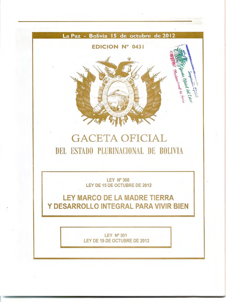 Bolivia Ley 300 - Ley Marco de La Madre Tierra Desarrollo Integral para Vivir Bien | PDF ...