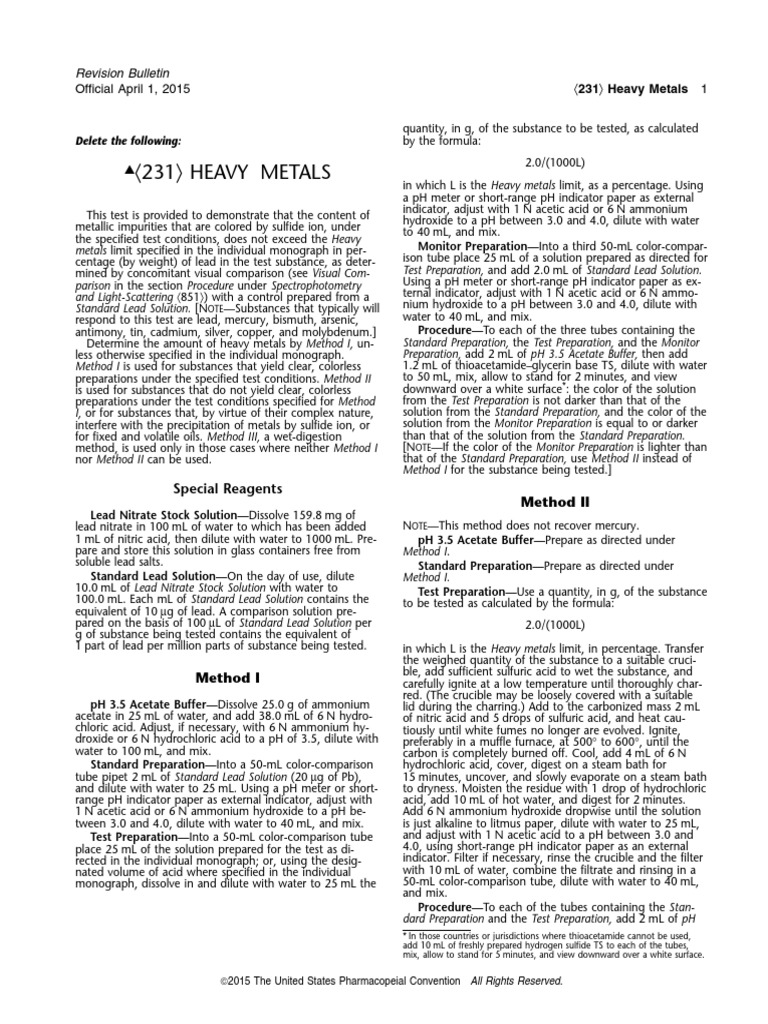 USP 231 Heavy Metals | PDF | Nitric Acid | Ph
